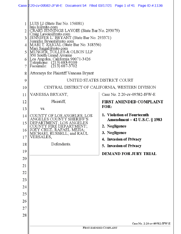 Vanessa Bryant Is Suing L A County Over Kobe Bryant Crash Photos What