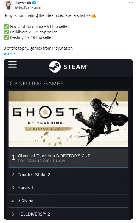 《对马岛》登顶Steam畅销榜 前十有3款索尼游戏 | Nestia