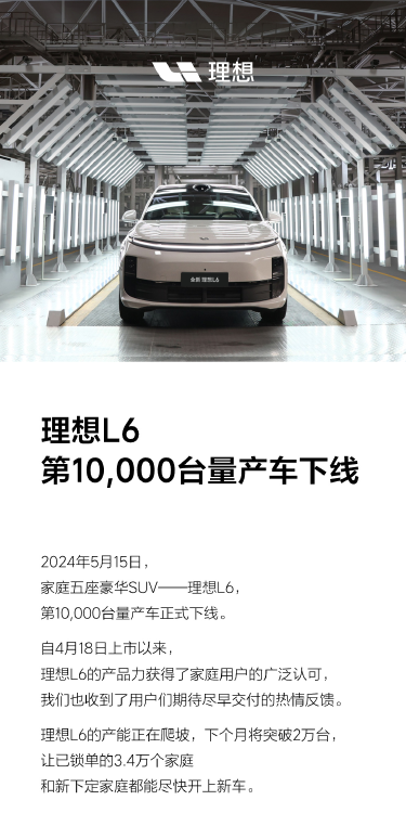 理想 L6 第 10000 台量产车下线，下月产能将突破 2 万台 | Nestia