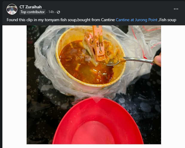 Diner at Jurong Point orders tom yam fish soup, inside got laundry clip ...