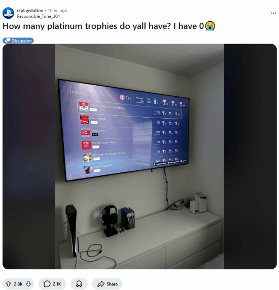 反向比拼PS白金奖杯？玩家“哭”诉自己一个都没有 | Nestia