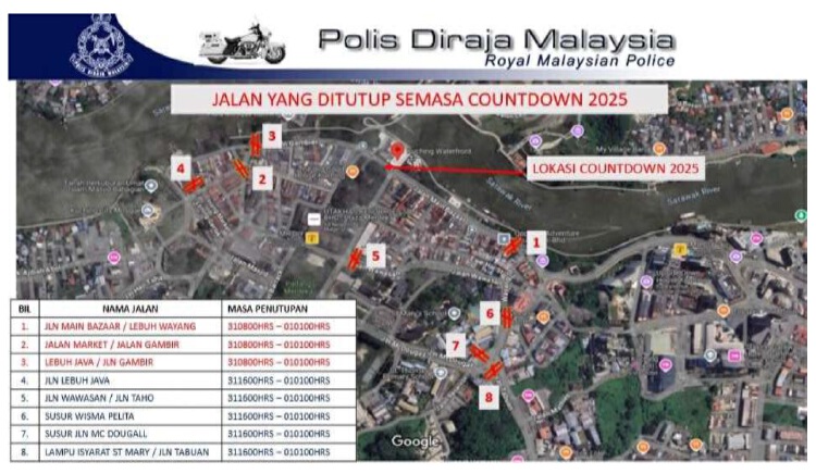Kuching OCPD reminds NYE countdown event-goers of roads closed from Dec 31-Jan 1 | Nestia